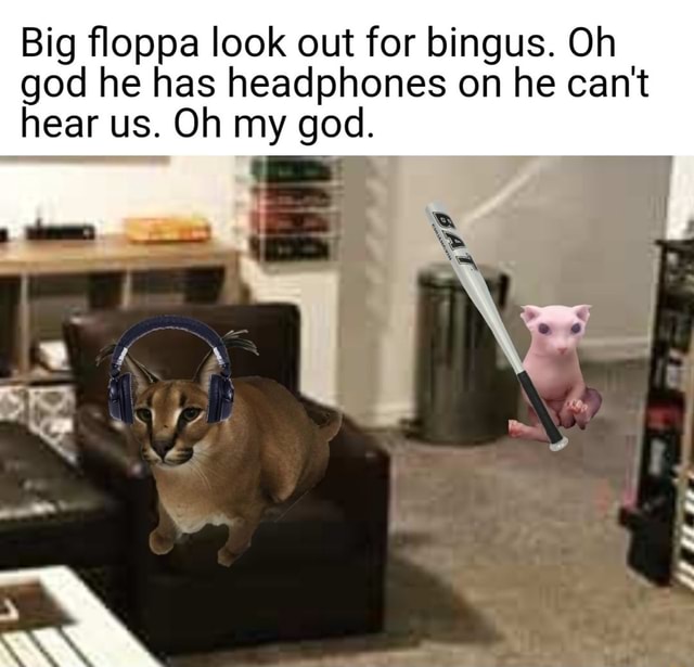 Big floppa look out for bingus. Oh god he has headphones on he can't ...