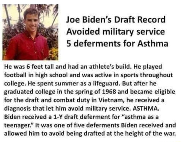 Joe Biden's Draft Record Avoided military service 5 deferments for ...