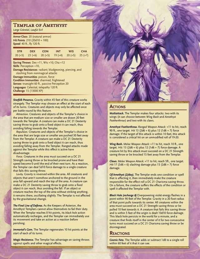 'TEMPLAR OF AMETHYST Large Celestil, Lfl Eri 'Armor Class 20 (natural ...