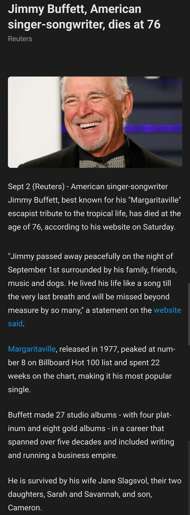 Jimmy Buffett, American singer-songwriter, dies at 76 Reuters Sept 2 ...