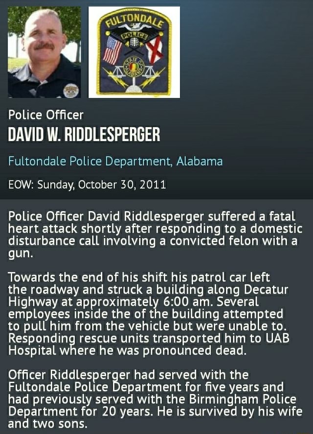 Police Officer DAVID W. RIDDLESPERGER Fultondale Police Department ...