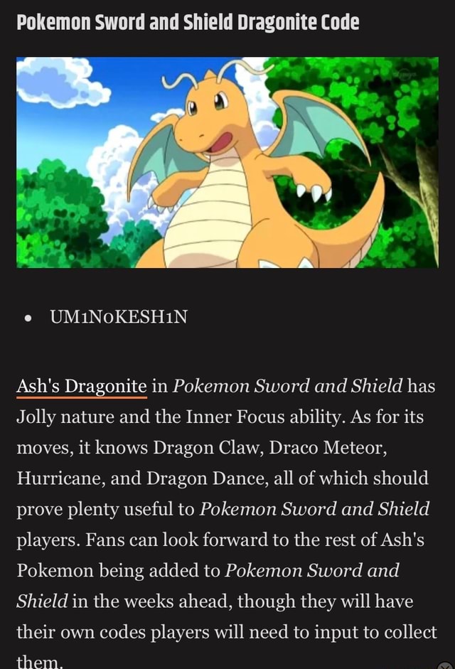 Pokemon Sword and Shield Dragonite Code e UMiNOKESH1N Ash's Dragonite in Pokemon Sword and ...