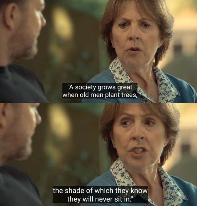 "A society grows great when old men plant trees, the shade of which ...