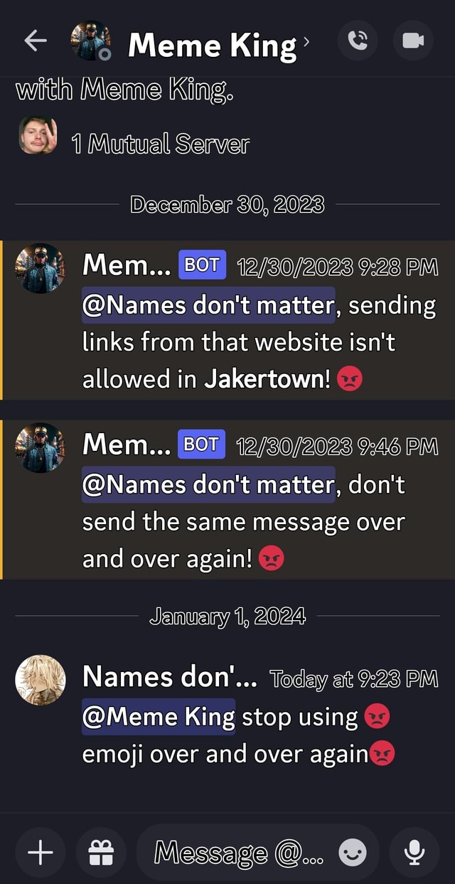 Meme King with Meme King. I Mutual Server December 30, 2023 Mem... PM @Names don't matter ...