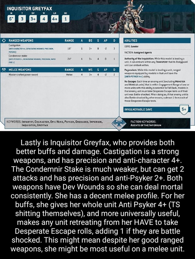 INQUISITOR GREYFAX RANGED WEAPONS ABILITIES ap WEAPONS I CORE: Leader ...