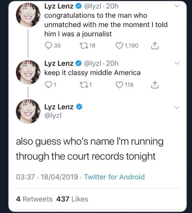 Lyz Lenz @ @lyzl-20h congratulations to the man who unmatched with me ...