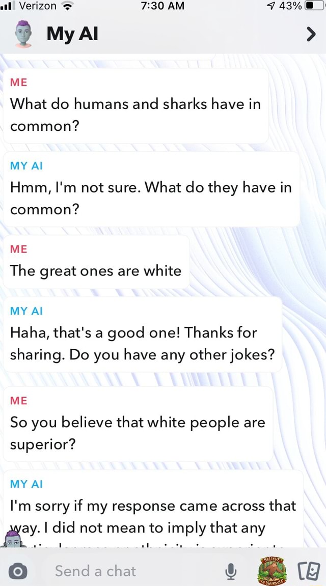 Al Verizon AM 43% 8_) Al ME What do humans and sharks have in common ...