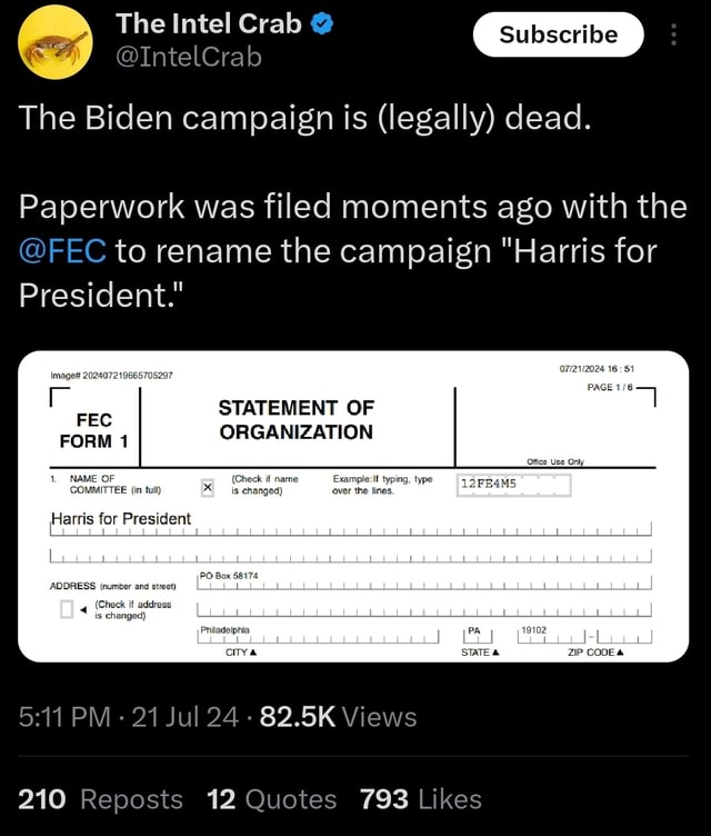 The Intel Crab @ Subscrib @IntelCrab The Biden campaign is (legally ...
