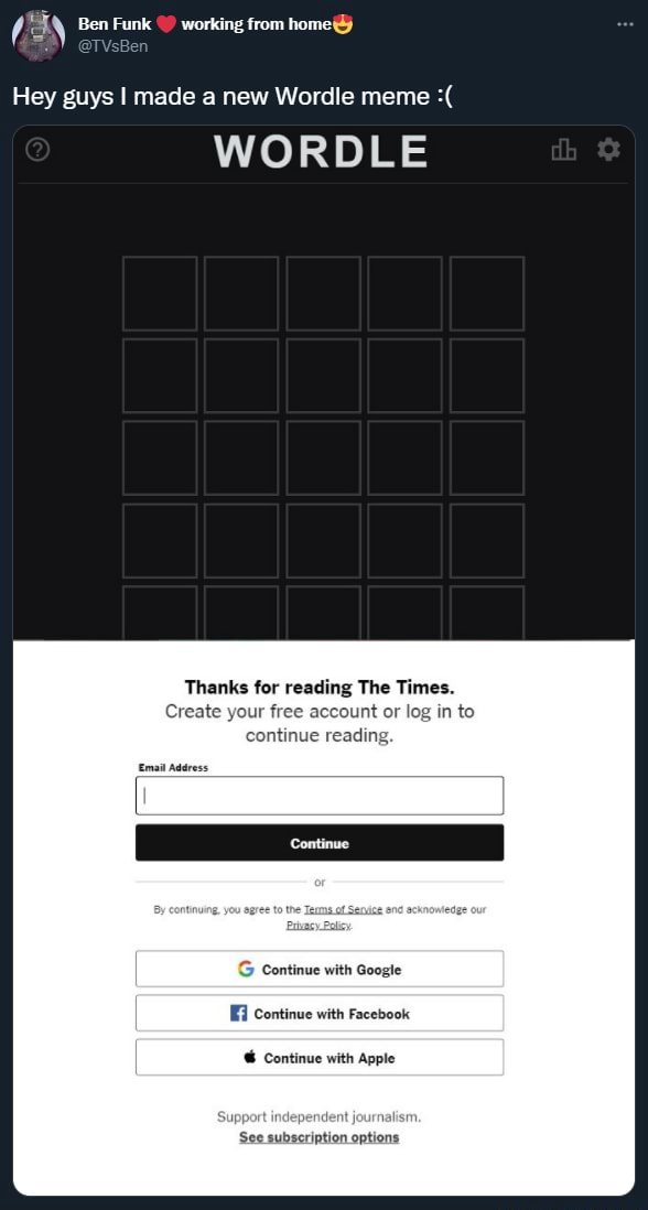 Ben Funk working from home: Hey guys I made a new Wordle meme WORDLE ...