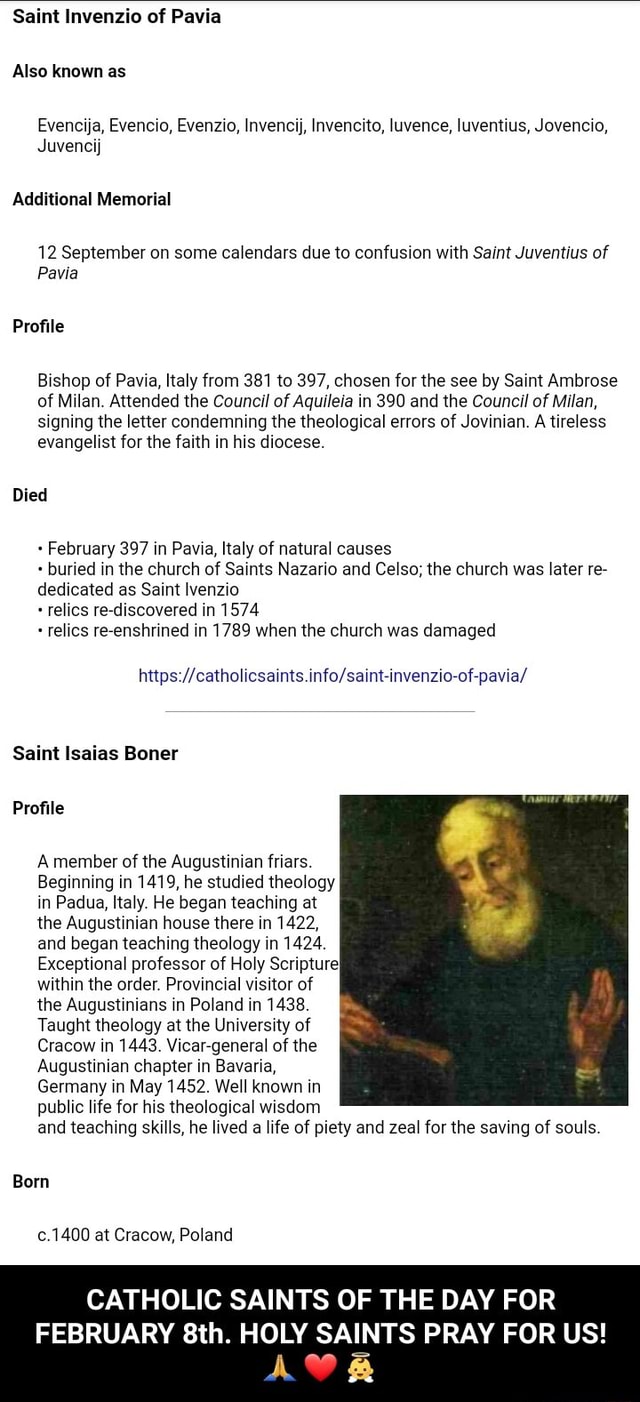 Saint Invenzio of Pavia Also known as Evencija, Evencio, Evenzio ...