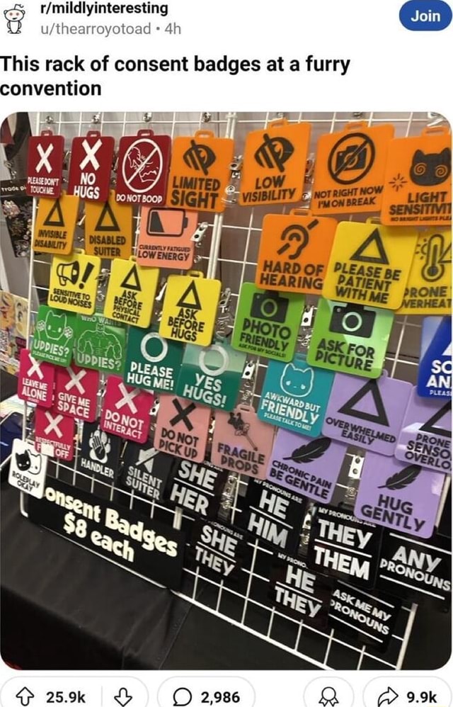 Join VA 2986 is rack of consent badges at a furry convention - iFunny
