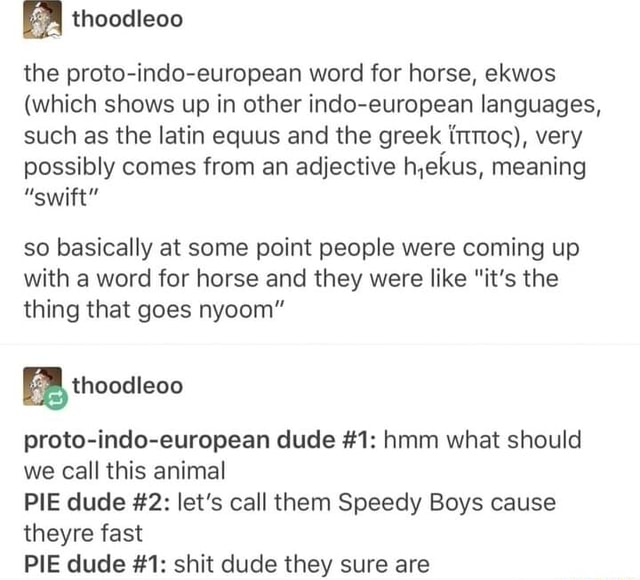 The proto-indo-european word for horse, ekwos (which shows up in other ...