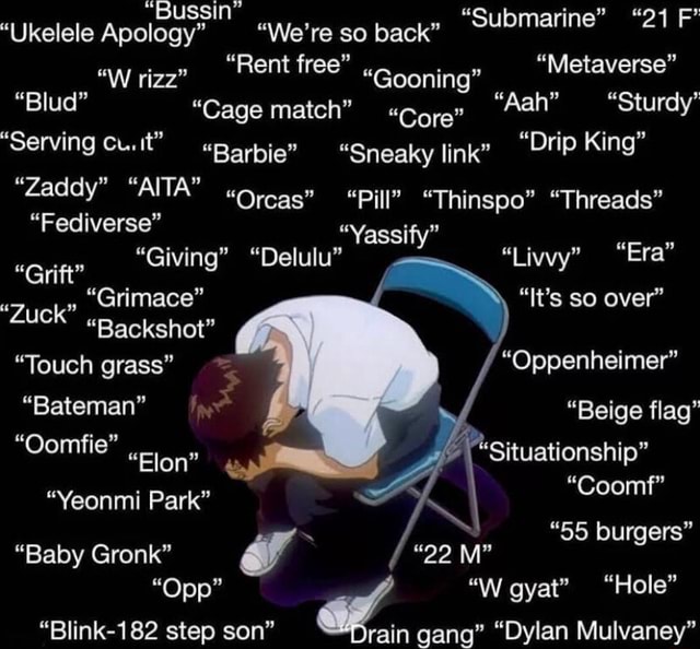 "Bussin" " "Ukelele Apology" "We're so back" Submarine" "21 F "W rizz ...