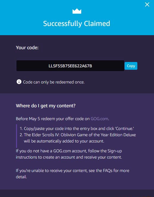 Free ES IV Oblivion GOTY edition to the first person to claim the code ...