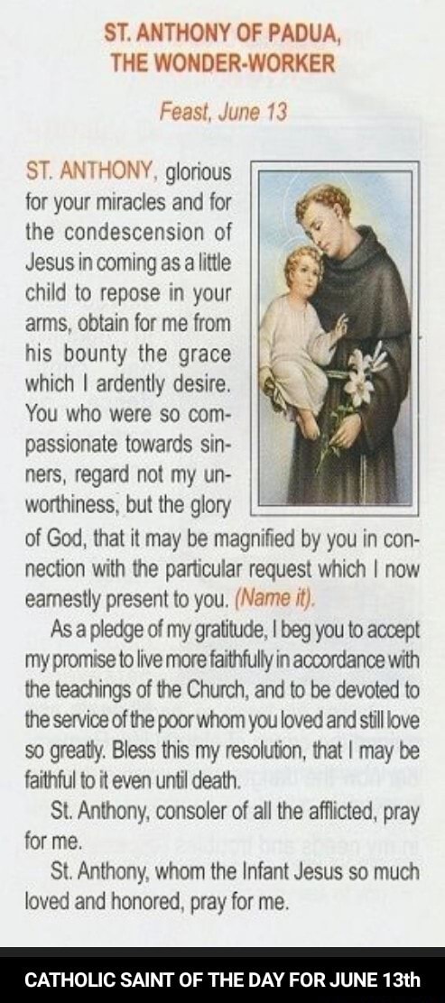 ST. ANTHONY OF PADUA, THE WONDER- WORKER Feast, June 13 ST. ANTHONY ...