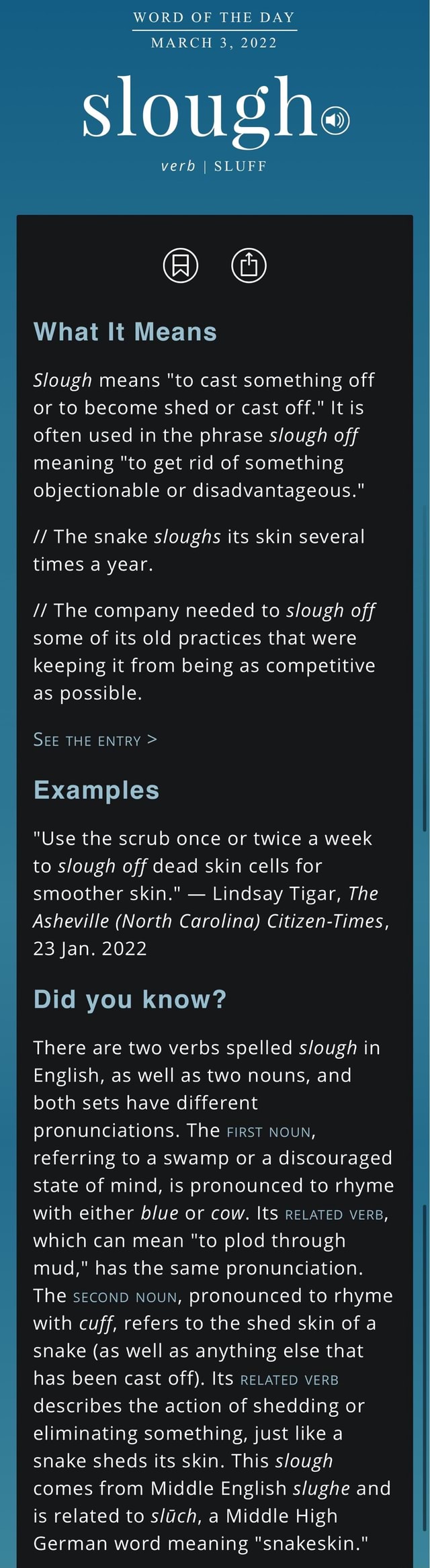 WORD OF THE DAY MARCH 3, 2022 sloughe verb I SLUFF What It Means Slough ...