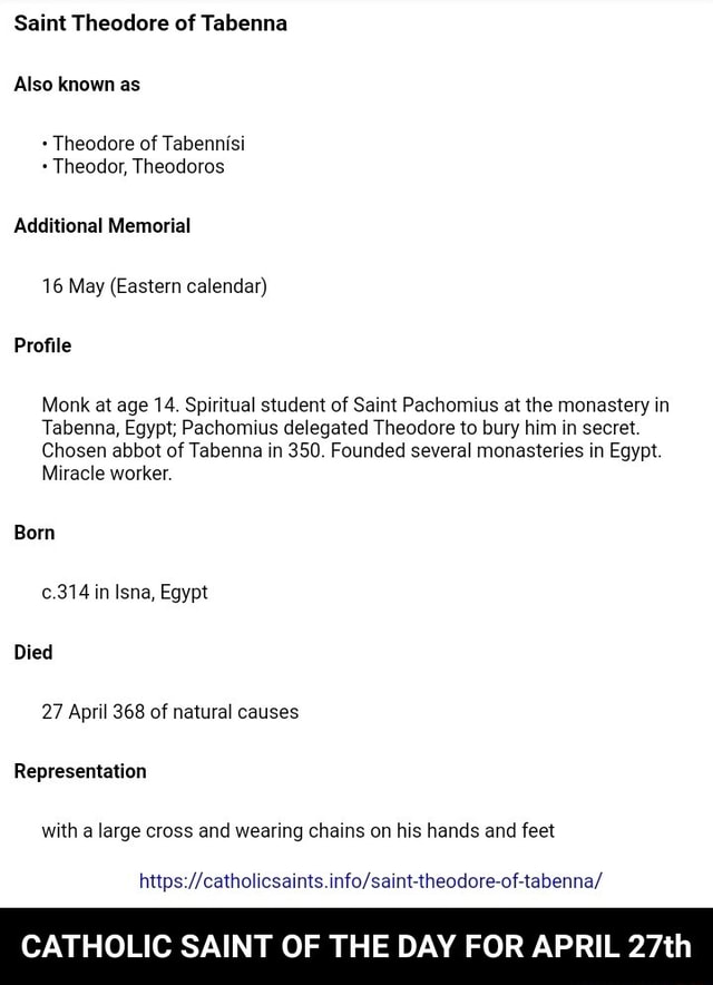 Saint Theodore of Tabenna Also known as + Theodore of Tabennisi Theodor ...