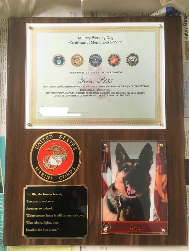 Military Working Dog Certificate of Meritorious Service THIS IS TO ...