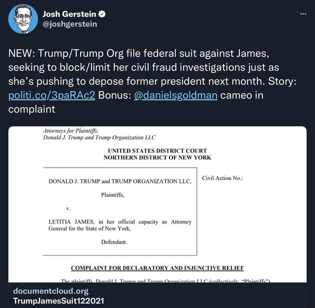 Josh Gerstein @ @joshgerstein NEW: Org file federal suit against James ...