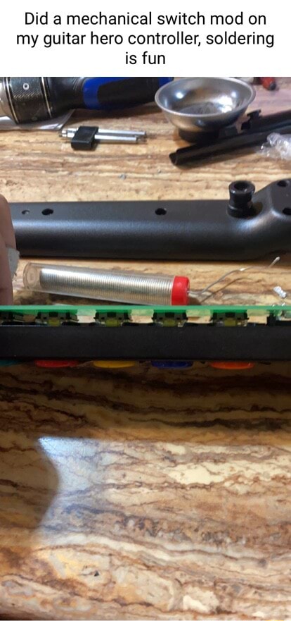 Did a mechanical switch mod on my guitar hero controller, soldering is ...