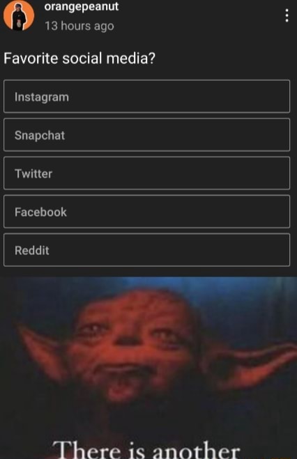 Orangepeanut 13 hours ago Favorite social media? Instagram Snapchat Twitter Facebook Reddit ...
