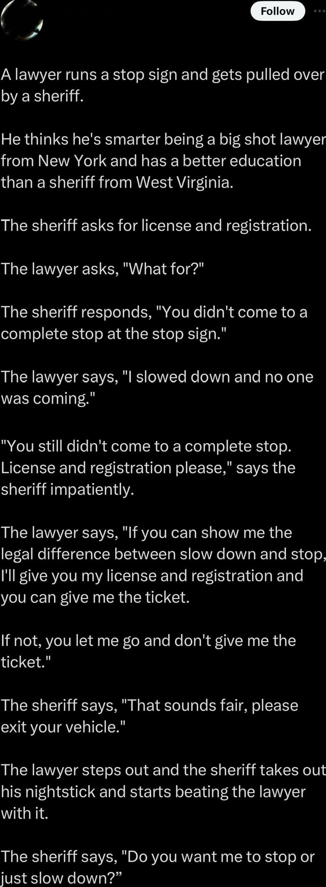 Fotiow A lawyer runs a stop sign and gets pulled over by a sheriff. He ...