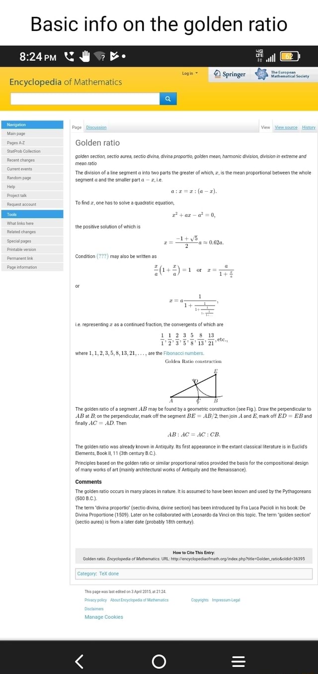 Basic info on the golden ratio Bo Main pag Encyclopedia of Mathematics ...