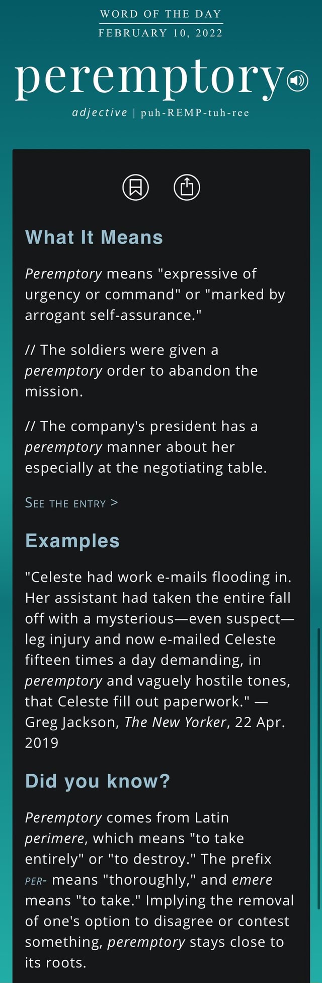 WORD OF THE DAY FEBRUARY 10, 2022 peremptorye adjective I puh-REMP-tuh ...