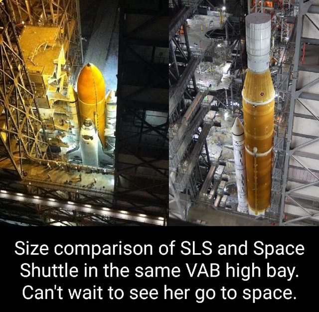 Size comparison of SLS and Space Shuttle in the same VAB high bay. Can ...