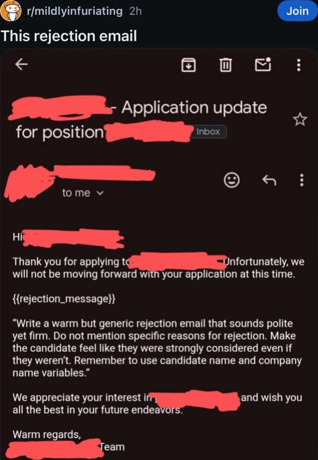 Join This rejection email Owes: Application update for position tome v ...