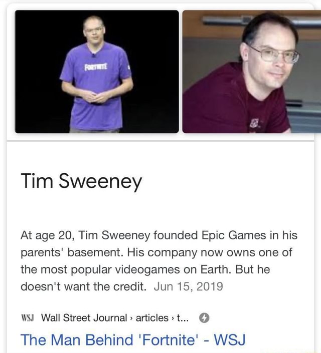 Tim Sweeney At age 20, Tim Sweeney founded Epic Games in his parents ...
