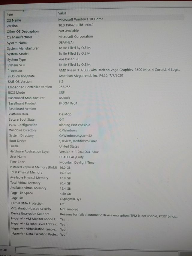 Microsoft Windows 10 Home Volue 10.0.19042 Build 19042 Name Version ...