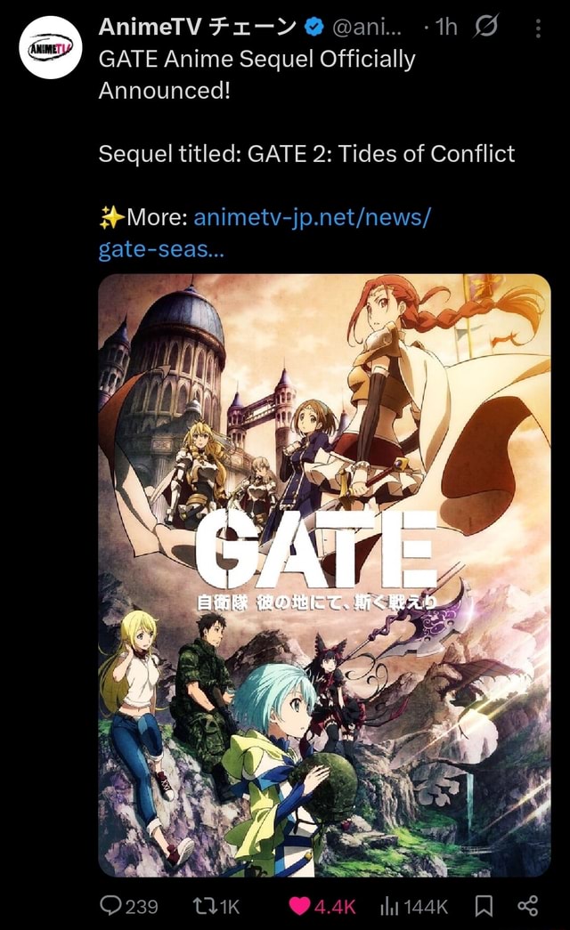 AnimeTV @ can... -th GATE Anime Sequel Officially Announced! Sequel ...