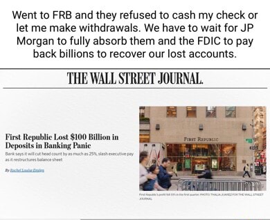 Went to FRB and they refused to cash my check or let me make withdrawals. We have to wait for JP ...