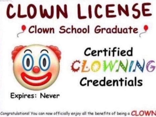 CLOWN LICENSE 2 Clown School Graduate ® Fi 04 Certified CLOWNING SZ ...