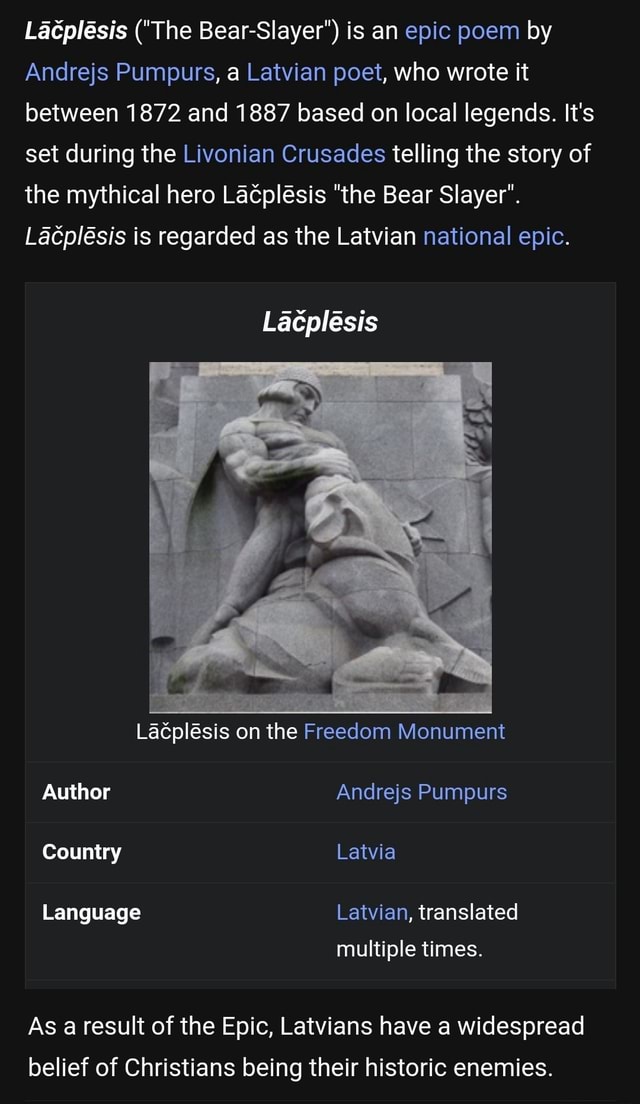 Lacplesis ("The Bear-Slayer") is an epic poem by Andrejs Pumpurs, a ...