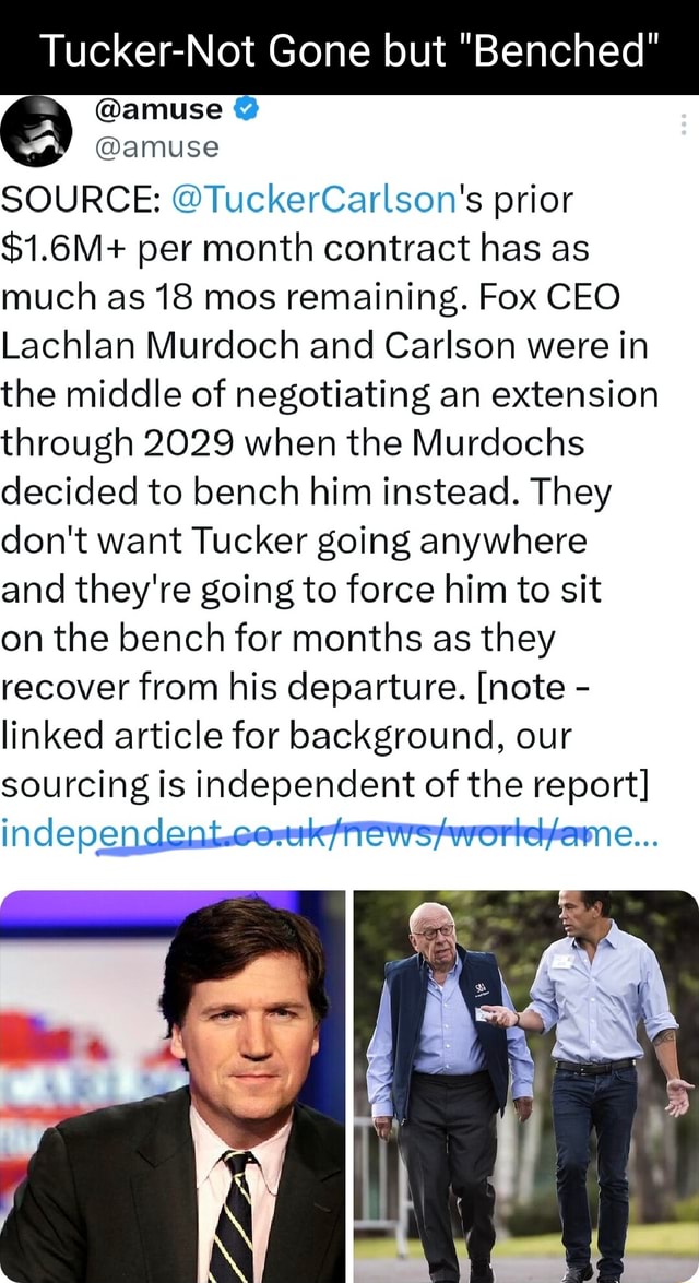 Tucker-Not Gone but "Benched" @amuse @ @amuse SOURCE: @TuckerCarlson's ...