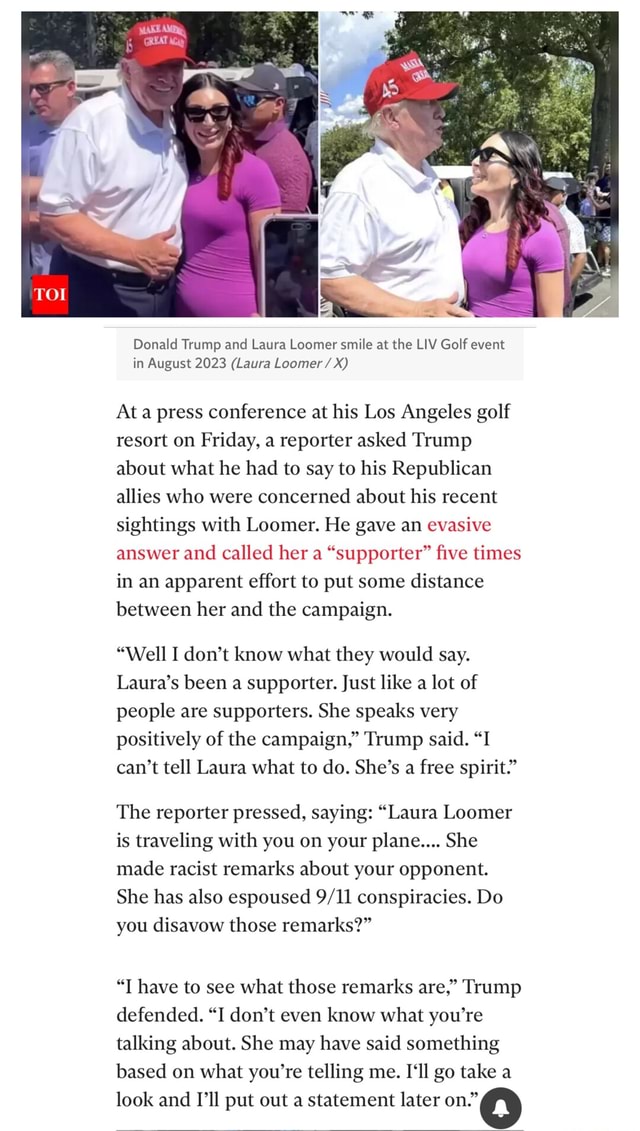 Donald Trump and Laura Loomer smile at the LIV Golf event in August ...