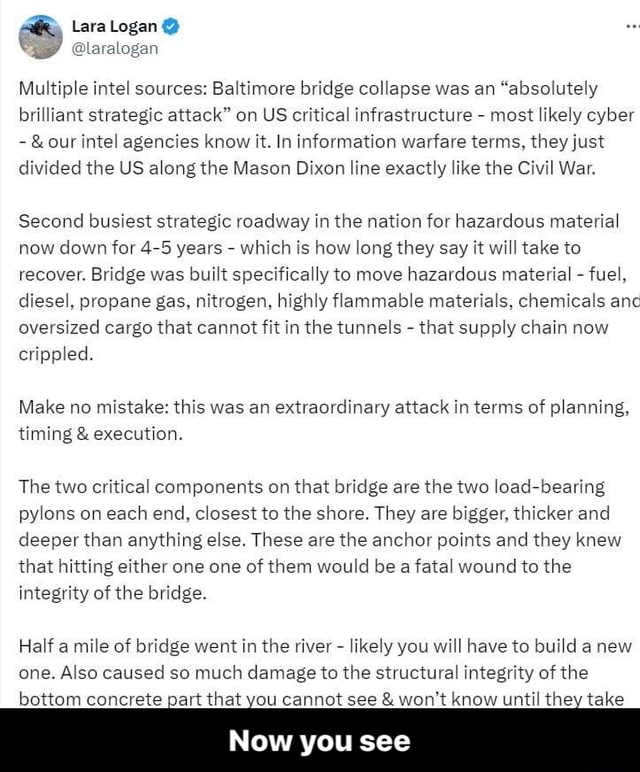 Lara Logan @ Multiple intel sources: Baltimore bridge collapse was an ...