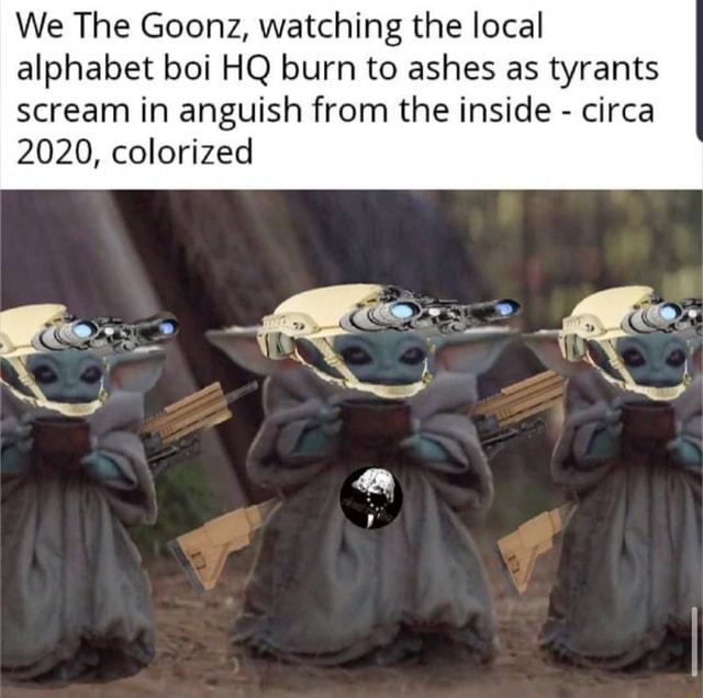 We The Goonz, watching the local alphabet boi HQ burn to ashes as ...