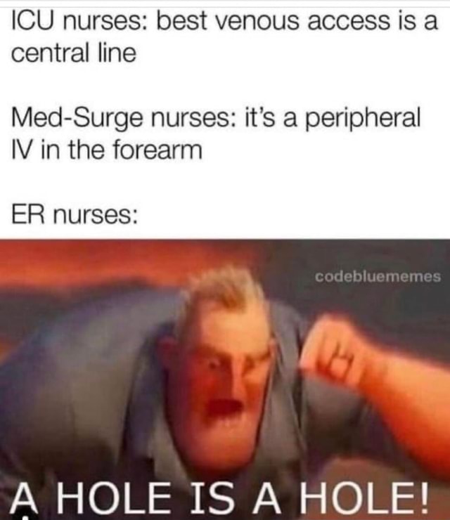 ICU nurses: best venous access is a central line Med-Surge nurses: it's ...