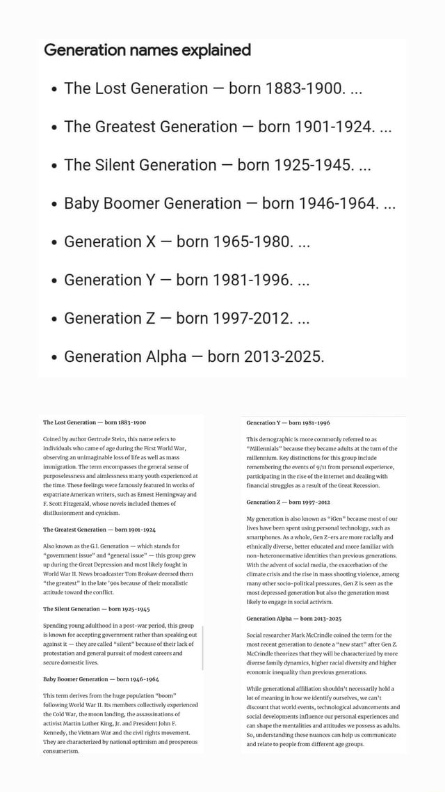 Generation names explained The Lost Generation - born 1883-1900. The ...