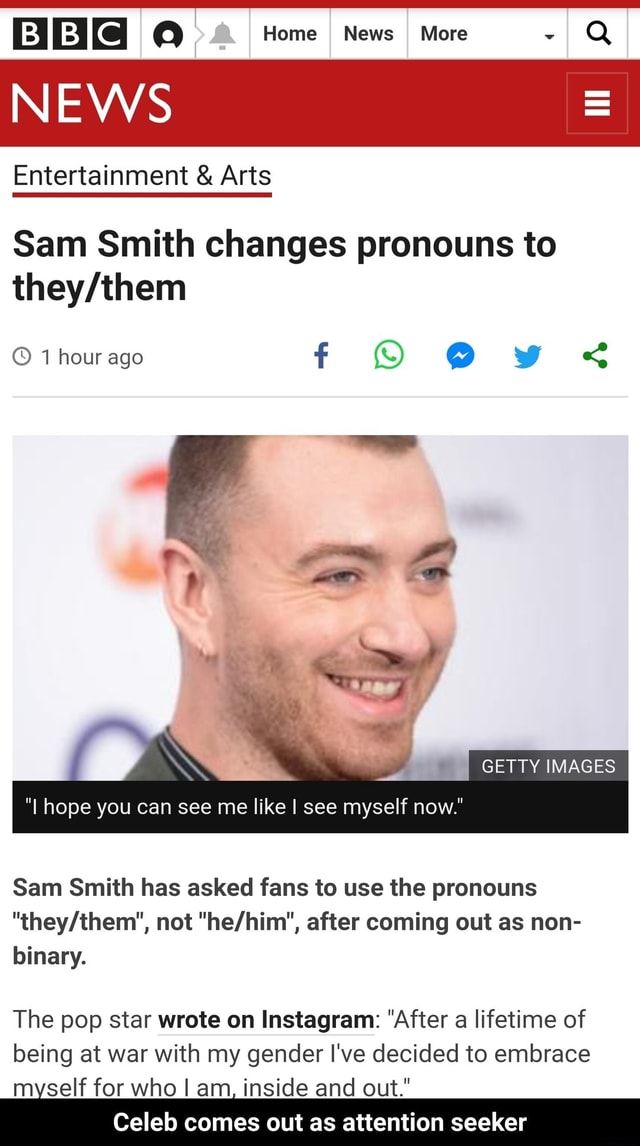 NEWS Entertainment & Arts Sam Smith changes pronouns to they/them Sam ...
