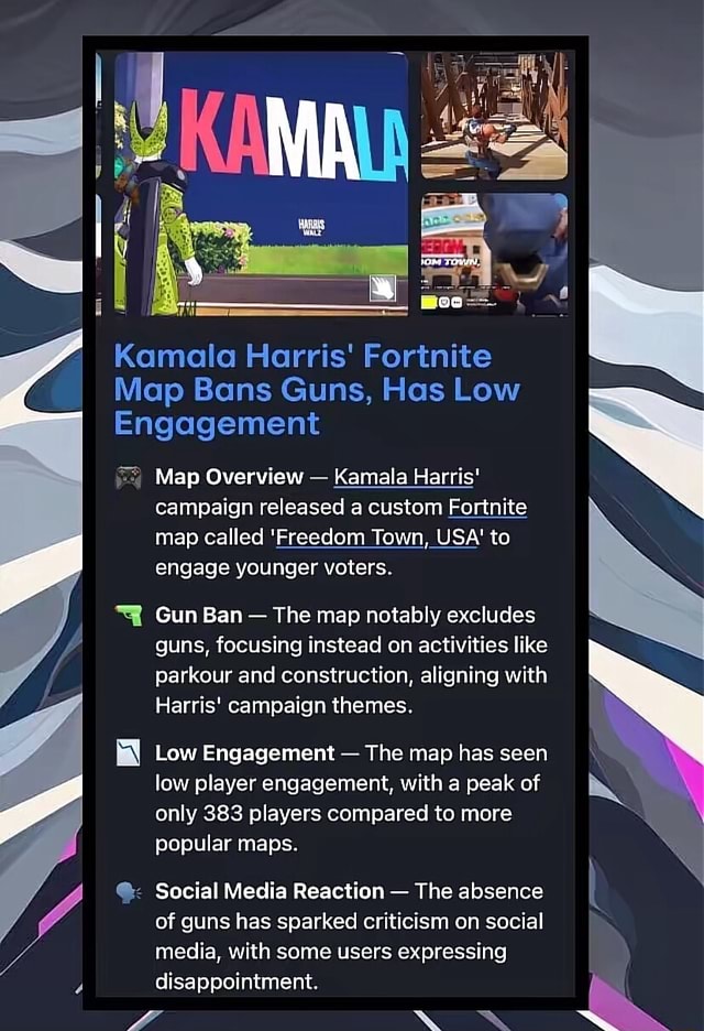 Kamala Harris' Fortnite Map Bans Guns, Has Low Engagement Map Overview ...