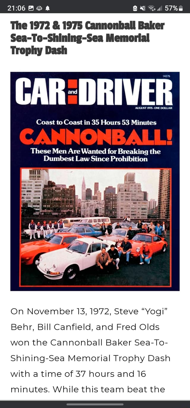 Ll The 1972 & 1975 Cannonball Baker Sea-To-Shining-Sea Memorial Trophy Dash AUGUST 1975. ONE ...