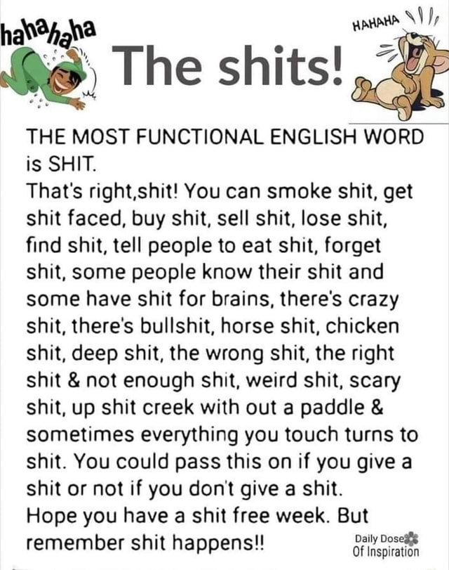 The shits! THE MOST FUNCTIONAL ENGLISH WORD is SHIT. That's right,shit ...