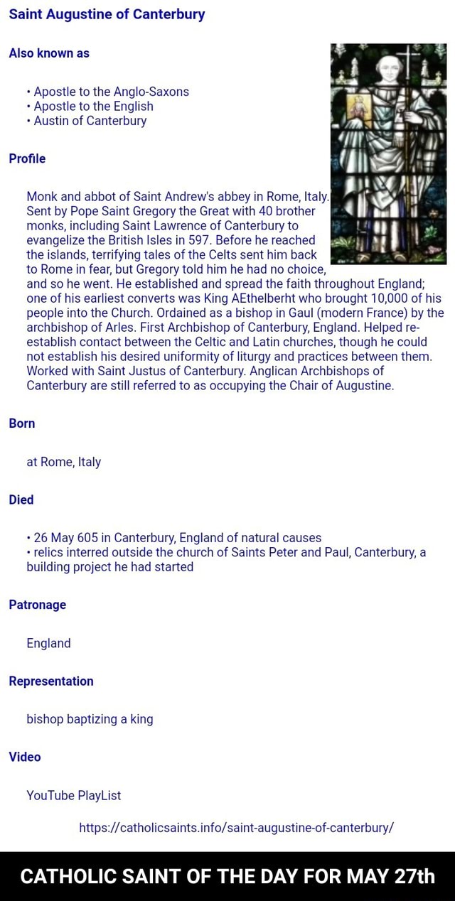 Saint Augustine of Canterbury Also known as + Apostle to the Anglo ...