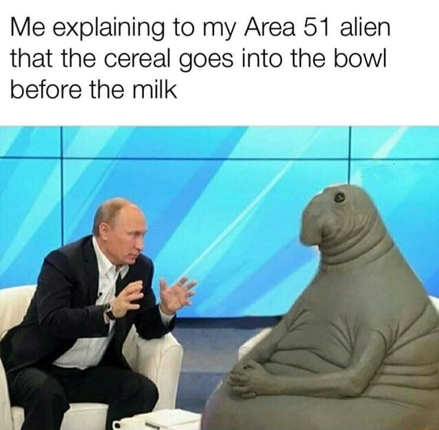 Me explaining to my Area 51 alien that the cereal goes into the bowl ...