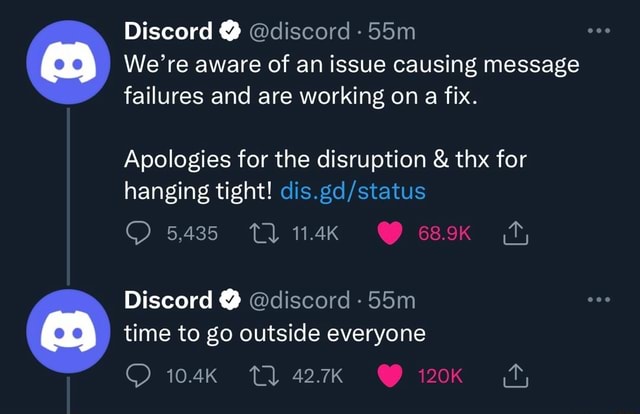Discord @ @discord We're aware of an issue causing message failures and ...