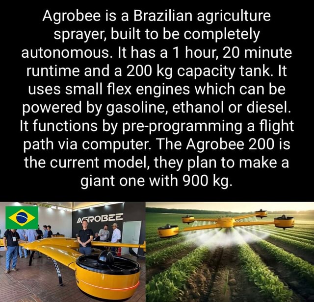 Agrobee is a Brazilian agriculture sprayer, built to be completely autonomous. It has hour, 20 ...